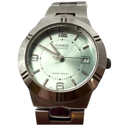 Silver CASIO Watch Women 25mm Silver Tone Green 3363 Date NEW BATTERY 7 ...