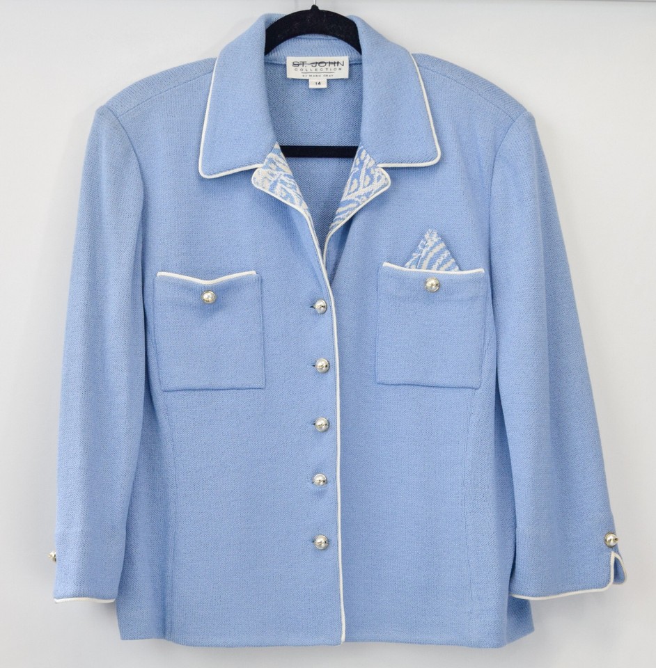 ST. JOHN Collection Knit Jacket 14 Blue White Pearl Button Handkerchief ...