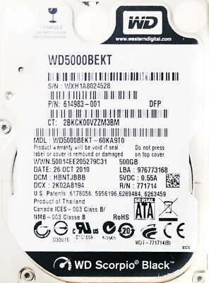 Western Digital WD5000BPKT-60KA9T0 HBNTJBB OCT 2010 500GB SATA 2.5" A22 ...