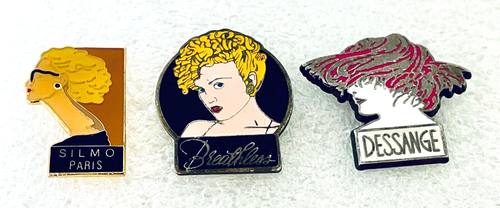 3 FASHION, GLAMOUR, MODEL, HAIRDO, ADVERTISING themed PINS, BADGES ...