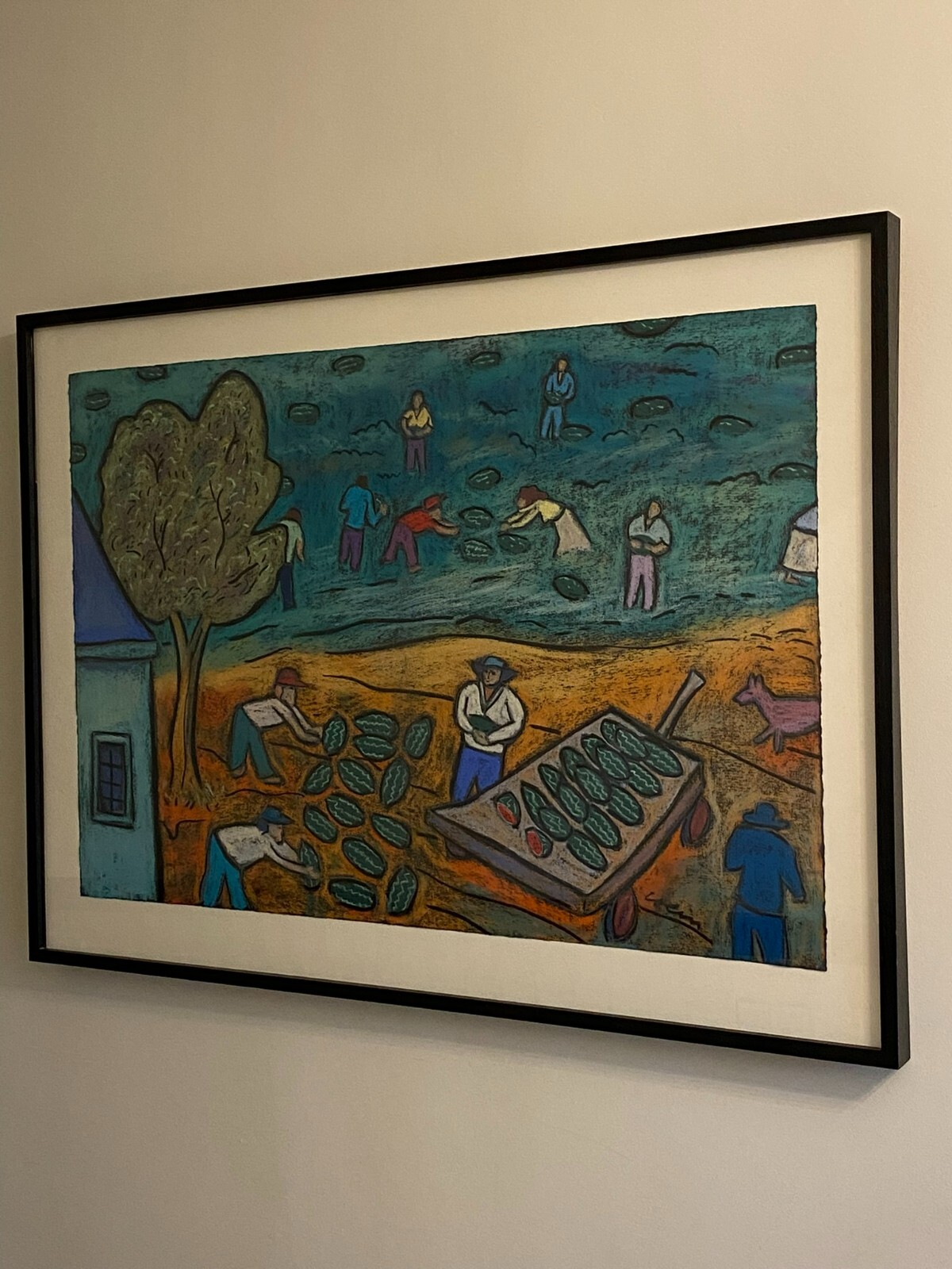 Vintage Large Framed Pastel Watermelon Picker by George Colin Folk Art ...