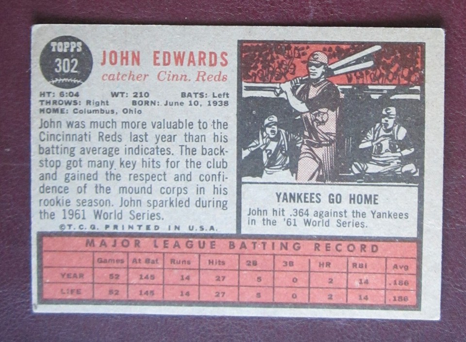 1962 Topps John Edwards (Cincinnati Reds) #302 EX | eBay