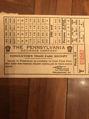 Pennsylvania Railroad Train Fare Ticket Receipt FORM C-1 NO. 616582 | eBay