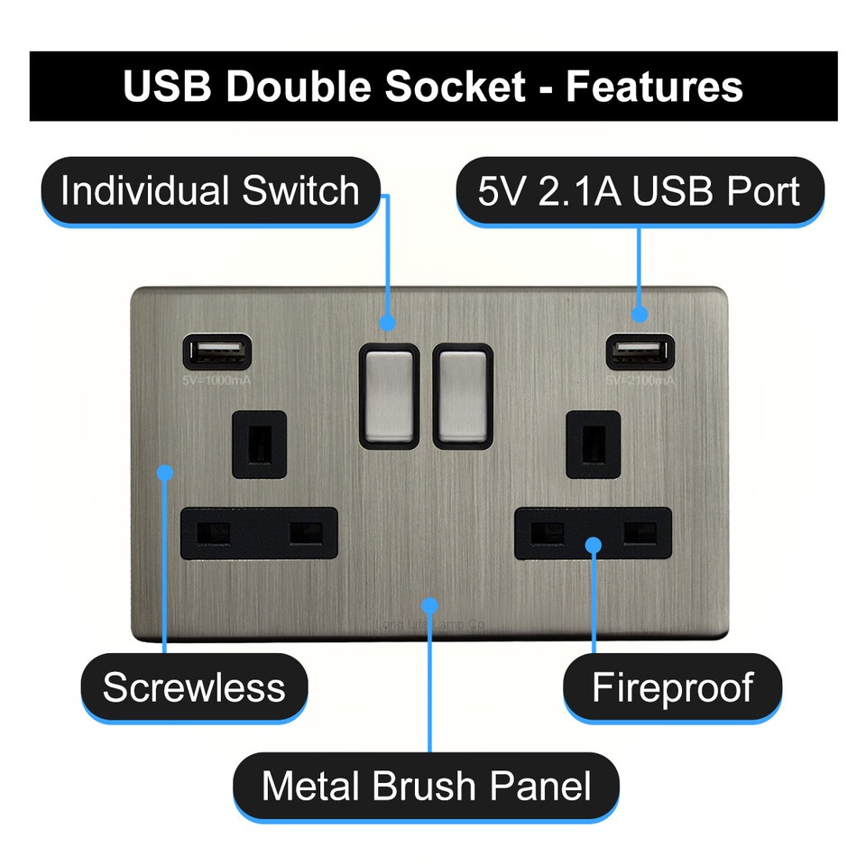 Double Wall Plug Socket 2 Gang 13A with 2 USB Ports Screwless Slim Flat ...