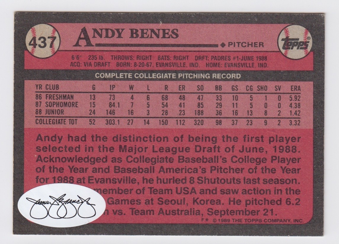 1989 TOPPS ANDY BENES AUTO AUTOGRAPH RC ROOKIE SIGNED CARD #437 JSA ...