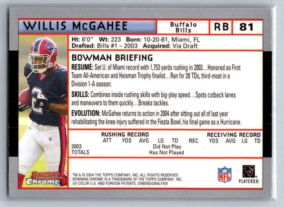 2004 Bowman Chrome #81 Willis McGahee Buffalo Bills Football Card | eBay