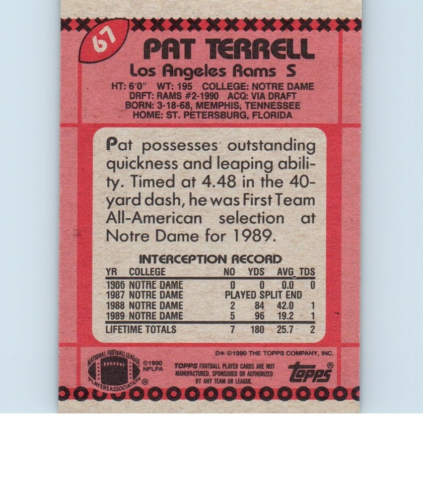 Pat Terrell 67 Rams 1990 Topps NFL Football Trading Card | eBay