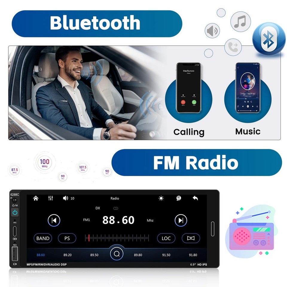 6.9 Inch Car Stereo Single Din Car Radio Carplay Android Auto, Screen ...