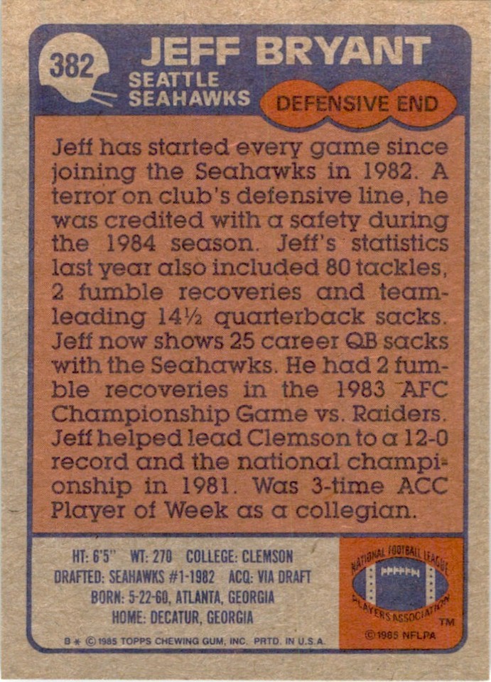 1985 TOPPS JEFF BRYANT SEATTLE SEAHAWKS. #382 | eBay