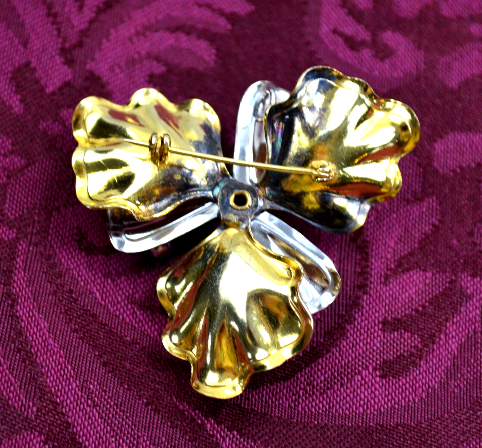 Vtg Gold Tone Brooch Pendant Flower Shaped 2-Tie Blue & Clear ...