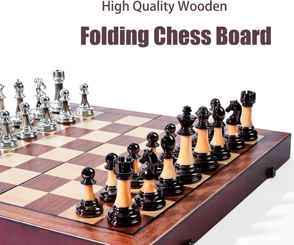 Chess Set Large 16''/42Cm Folding Wooden Board with Deluxe Weighted ...