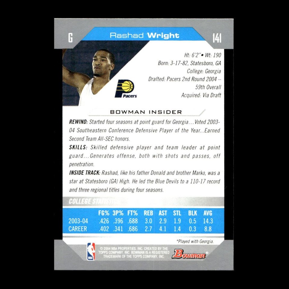 Rashad Wright 2004-05 Bowman Rookie Indiana Pacers #141 R328R 7 | eBay