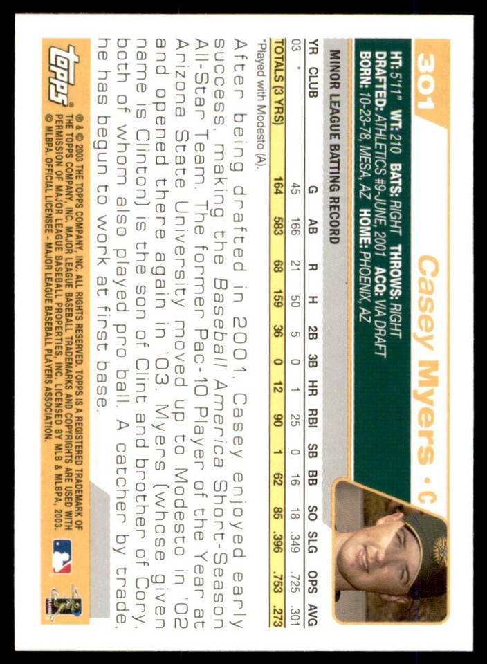 2004 TOPPS 1ST EDITION CASEY MYERS OAKLAND ATHLETICS #301 | eBay