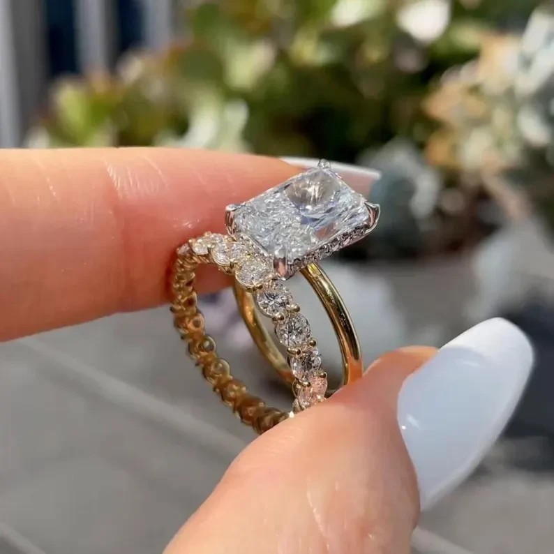 2Ct Emerald Cut Simulated Diamond Bridal Ring Set 14K Yellow Gold ...