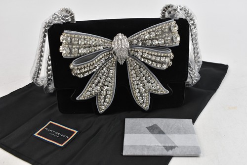 New Kurt Geiger Shoreditch Black Velour Crystal Embellished Bow Cross ...