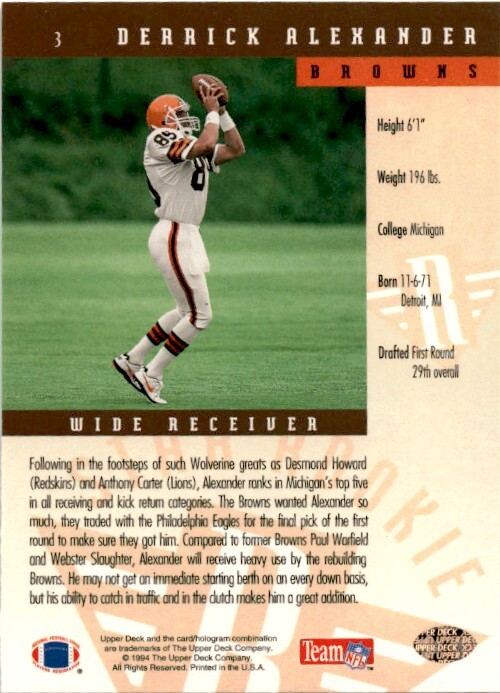 1994 Upper Deck Derrick Alexander #3 RC Cleveland Browns | eBay