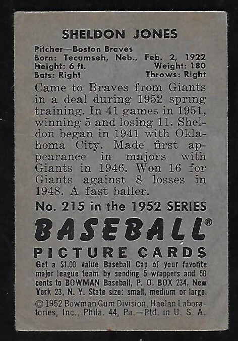 1952 Bowman #215 Sheldon Jones Boston Braves Nice! | eBay