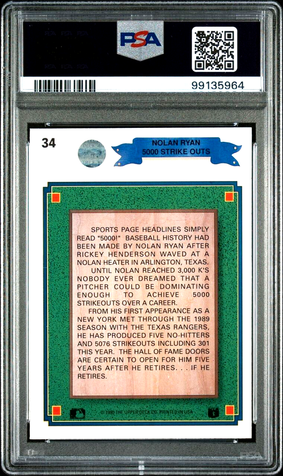 2023 1990 UPPER DECK 5000 STRIKEOUTS NOLAN RYAN #34 PSA NM-MT 8 RANGERS ...