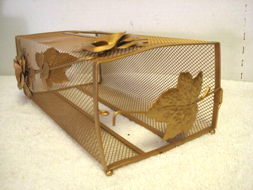 Vtg Gold Colored Wire Mesh Tissue Box Cover Holder w/ Roses Hollywood ...