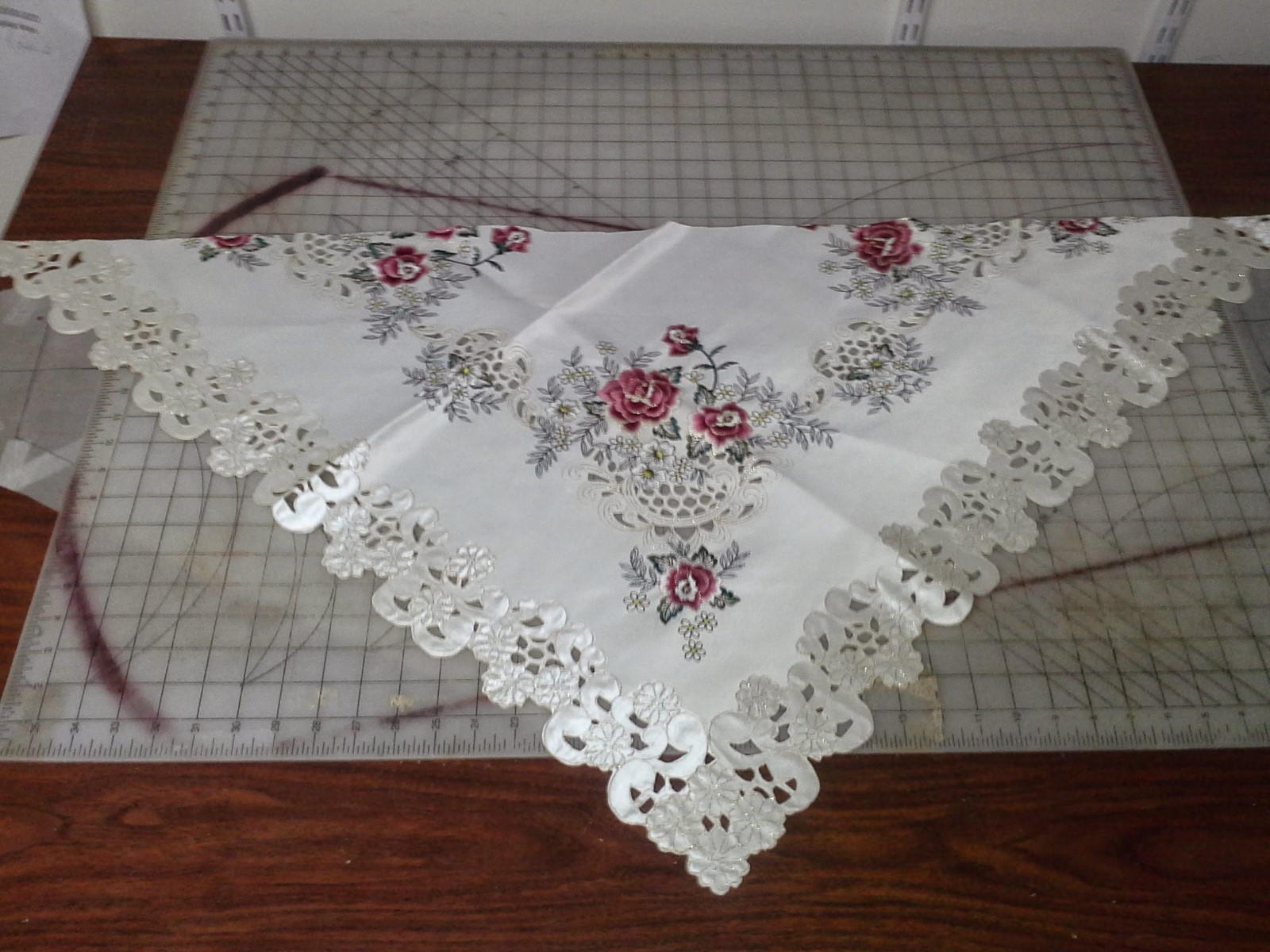 Doily Boutique Table Runner, Doily, Mantel Scarf with Burgundy Roses on ...