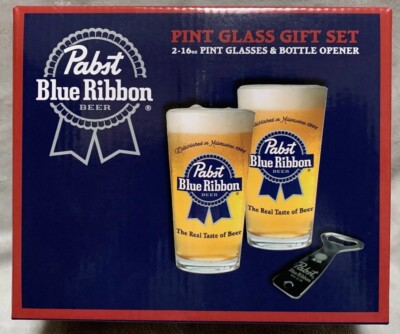 NEW Pabst Blue Ribbon Beer Pint Glass Set -- (2) 16oz Glasses w/Bottle ...