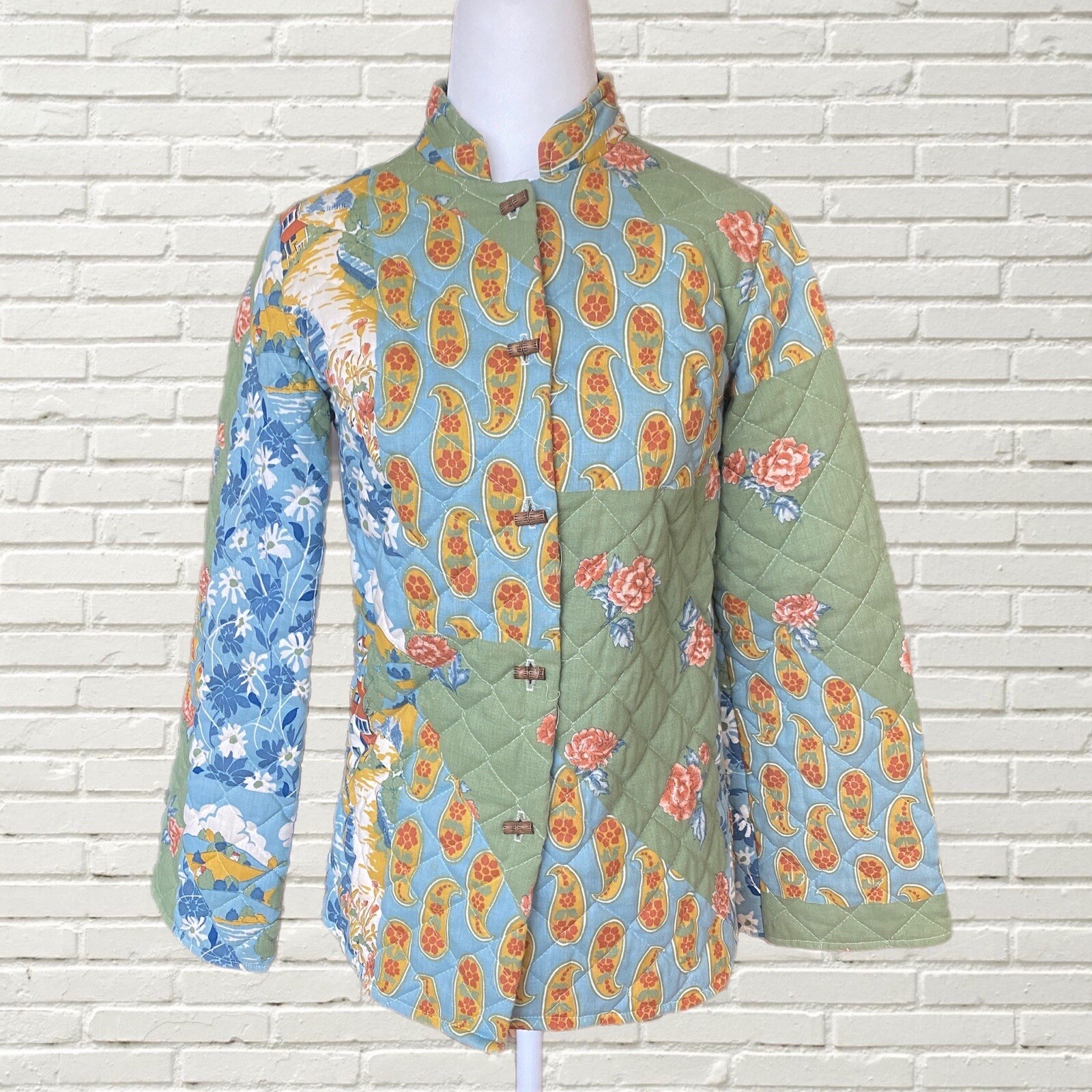 Vintage 70's Quilted Jacket Sage Green Floral And Pai… - Gem