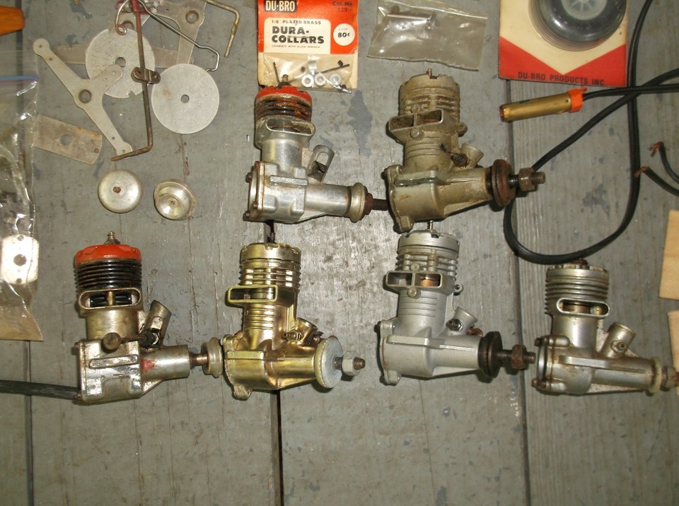 GAS POWERED MODEL AIRPLANE LOT 7 MOTORS,GLOW PLUGS,TIRES,CONTROL LINE ...