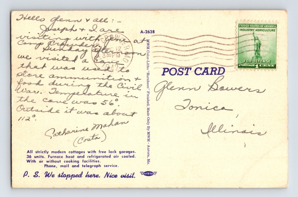 Postcard Missouri Springfield MO De Luxe Courts Motel Gas Route 66 1942 ...
