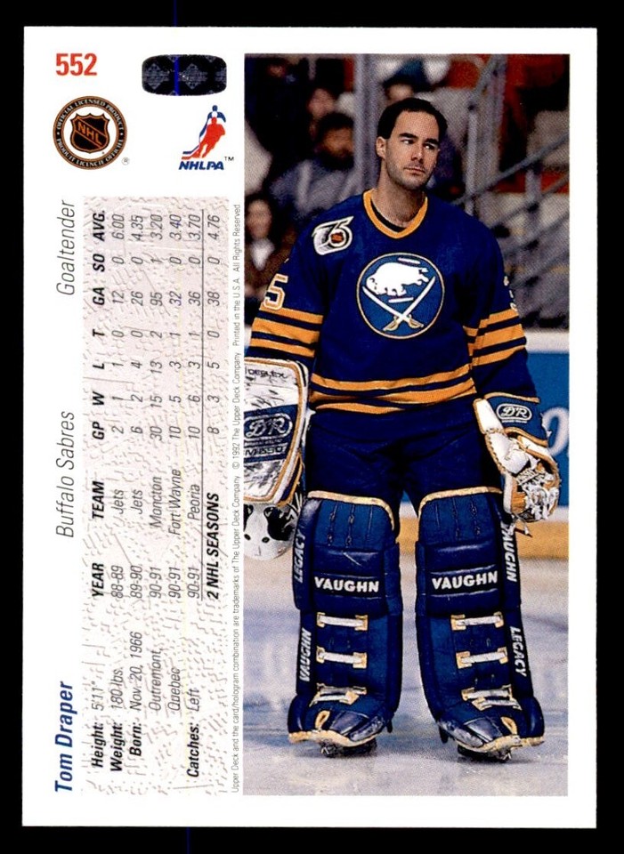 1991-92 Upper Deck Buffalo Sabres Hockey Card #552 Tom Draper Rookie | eBay