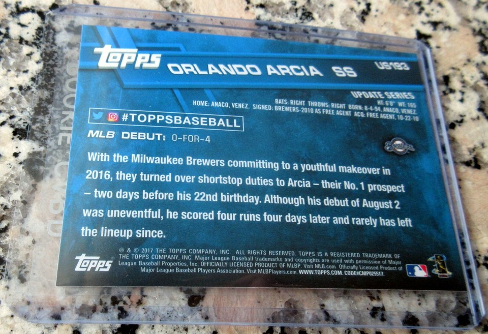 ORLANDO ARCIA 2017 Topps Rookie Card RC Logo Atlanta Braves Walk Off ...