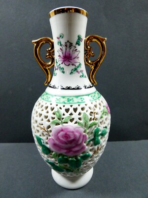 White Porcelain Rose Flower pattern Gold Handles Reticulated Pierced ...