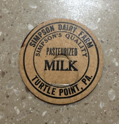RARE Simpson Dairy Farm Milk Bottle Cap Turtle Point Pennsylvania Dairy ...