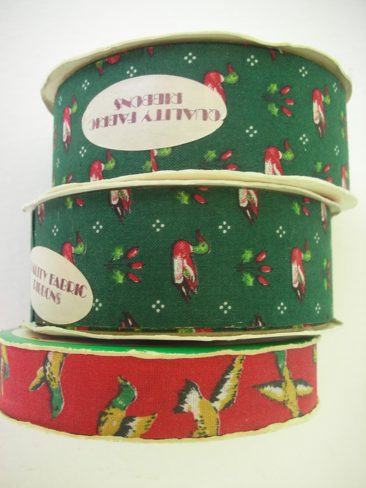 3 - VINTAGE WFR/COMMODORE DECORATOR PRINT RIBBON MALLARD DUCKS GREEN ...