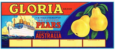 ORIGINAL PEAR CRATE LABEL VINTAGE AUSTRALIA 1950S VICTORIA OCEAN LINER ...