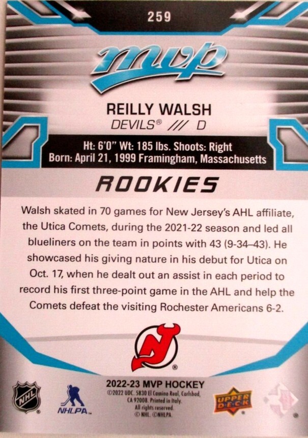 REILLY WALSH - 2022/23 Upper Deck MVP Rookie Redemption #259 RC Devils ...