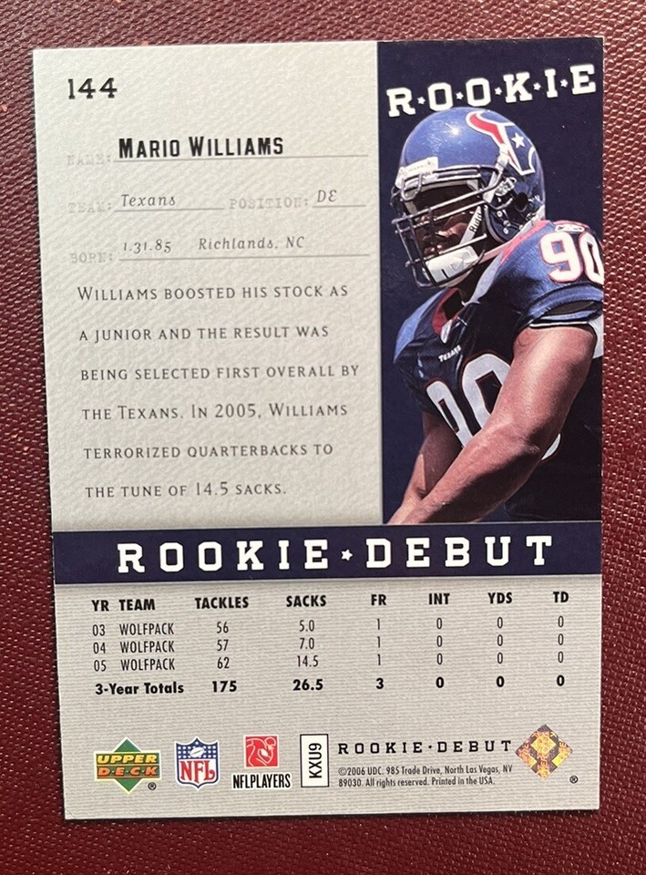 Mario Williams 2006 Upper Deck Rookie Debut Rookie Card #144 | eBay