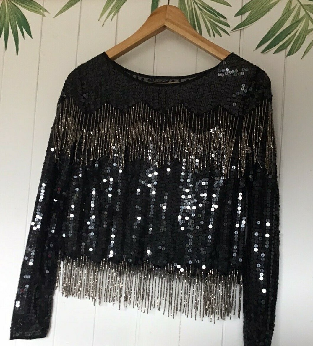 BEADED BLACK TOP GATSBY 1920S STYLE TOPSHOP 8 TASSEL - Gem