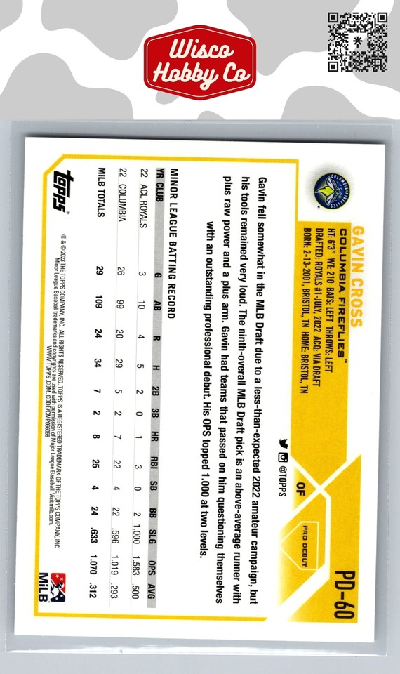 2023 Topps Pro Debut - Gavin Cross #PD-60 Columbia Fireflies | eBay