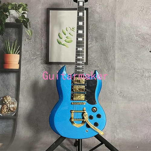 Custom Blue SG Electric Guitar HHH Pickup Small Vibrato Bridge 6 String ...