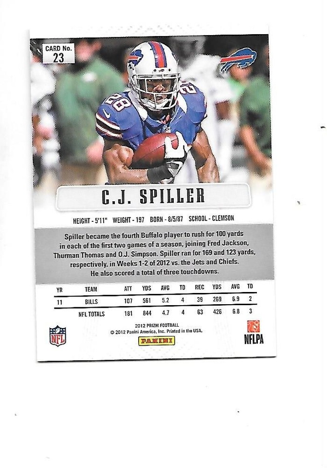 C.J. Spiller 2012 Panini Prizm Football Card #23 Buffalo Bills | eBay