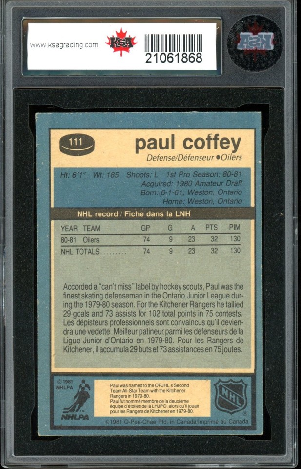 1981-82 OPC O PEE CHEE NHL Hockey #111 PAUL COFFEY HOF Rookie KSA 7 NM ...