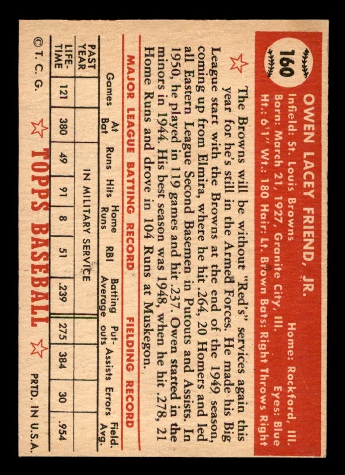 1952 Topps Baseball #160 Owen Friend EX/MT - NM *h1 | eBay