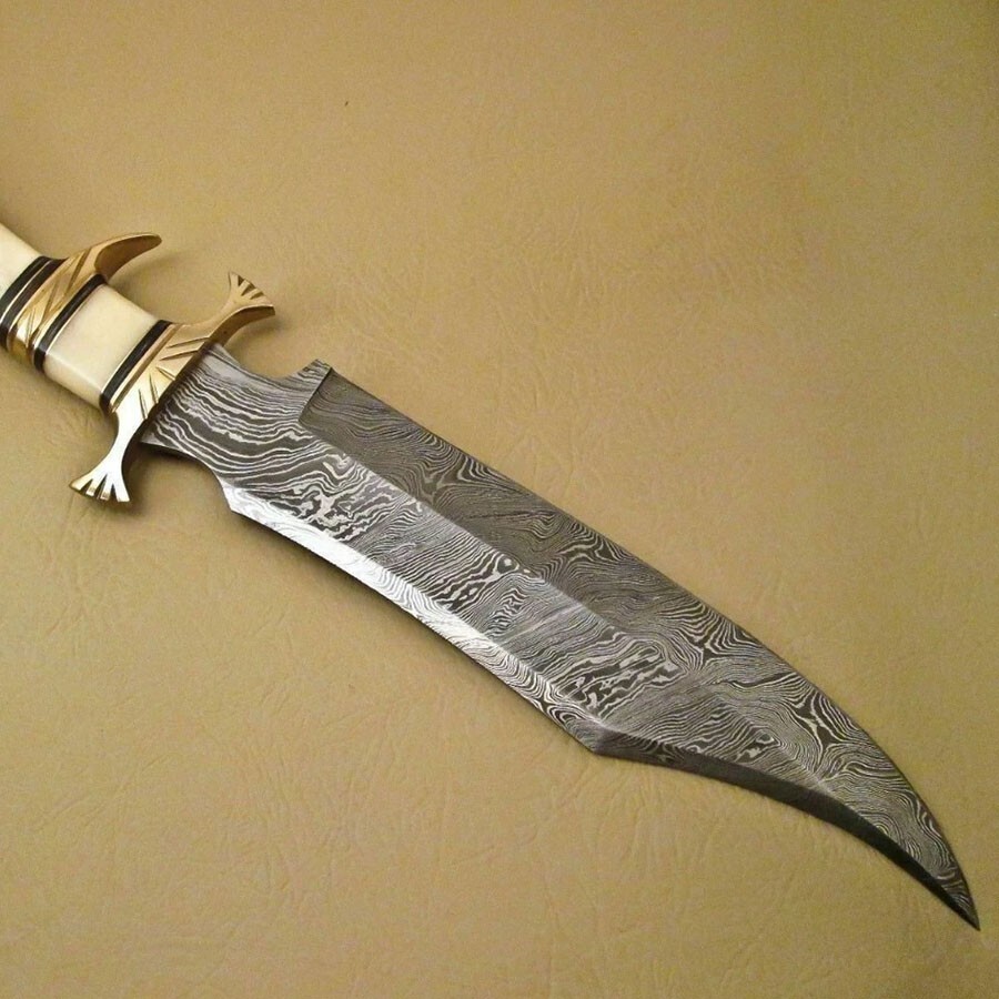 Handmade Damascus Bowie Knife Sharp Blade Camel Bone Handle With ...