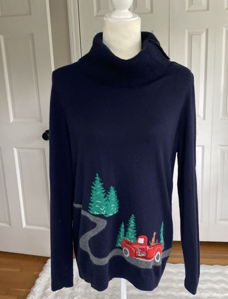 Talbots Holiday Sweater Dog in Truck with Christmas Trees Navy Blue ...