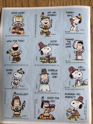 Vintage 80s Hallmark PEANUTS Thanksgiving Indian Pilgrim Sticker Sheet ...