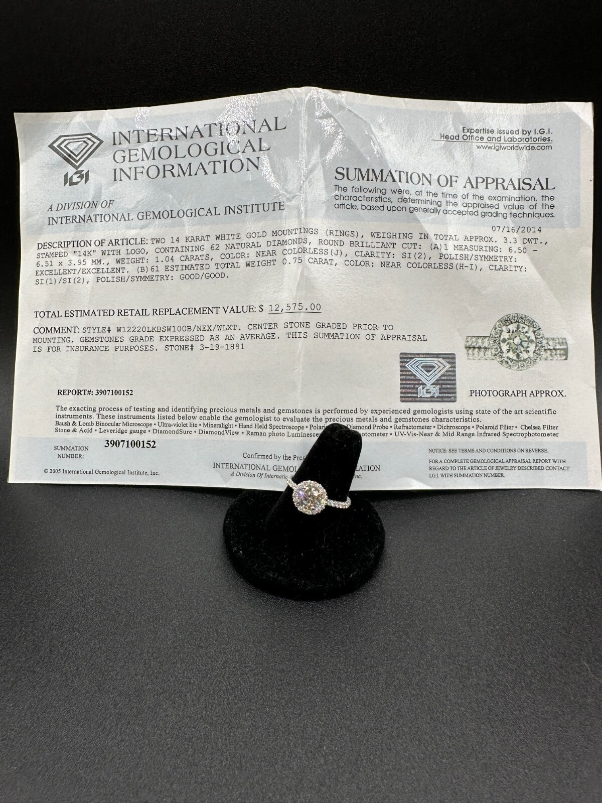 14K White Gold Round Halo Diamond ing 1.04CT Center S… - Gem