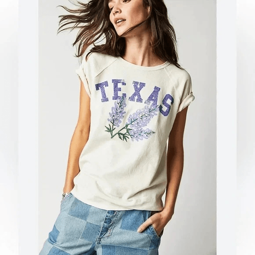 We The Free People Texas Bluebonnet Graphic Tee Cream Oversized Small ...