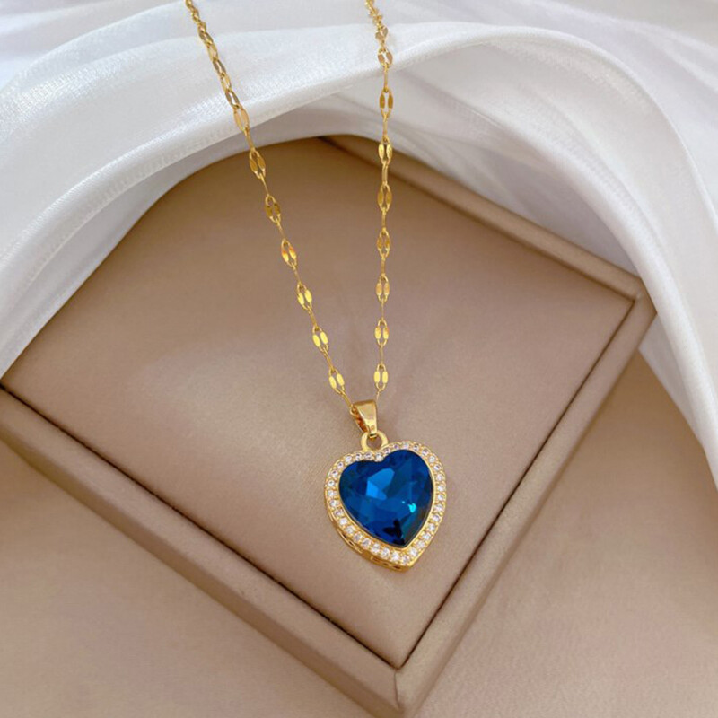Stainless Steel Gold Plated Light Luxury Charm Blue Zirconia Heart ...