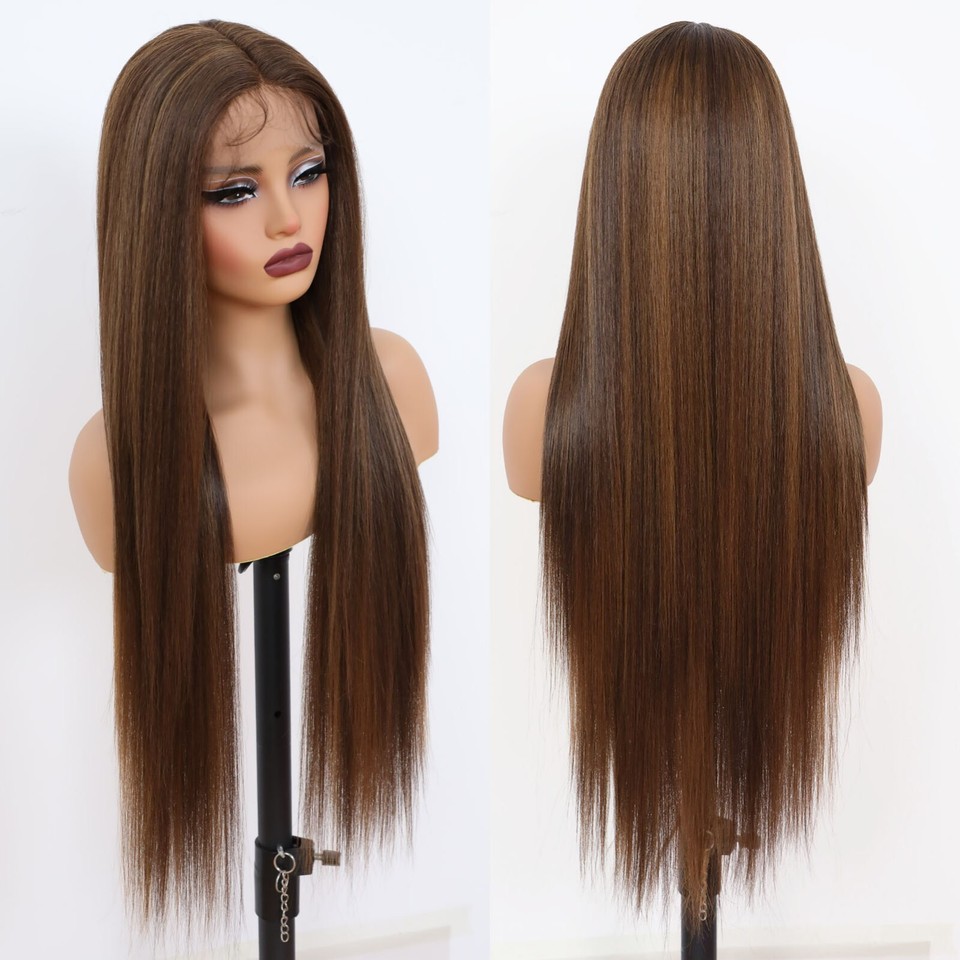 Synthetic Lace Front Wigs 32 Inch Long Straight Brown Blonde Highlights ...