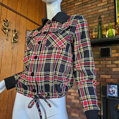 Vtg 70s 40s Psychobilly Punk Plaid Shorty Jacket Cinch Top Flannel ...